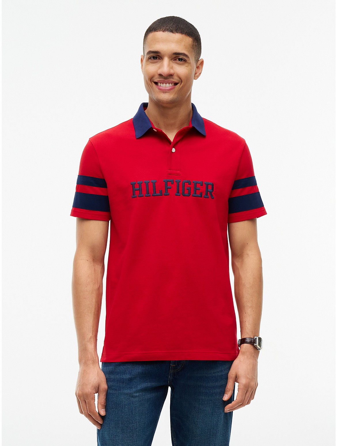 TOMMY HILFIGER men's regular fit varsity stripe logo polo -